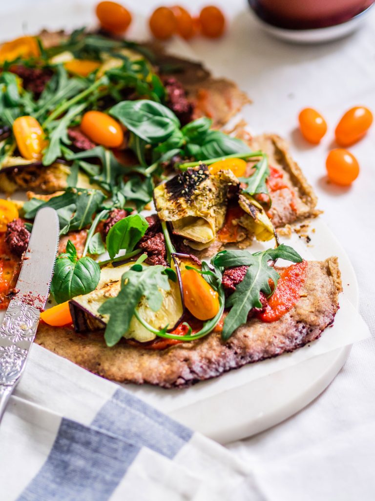 Walnut Crust Pizza with Homemade Roasted Tomato Sauce and Black Olive ...